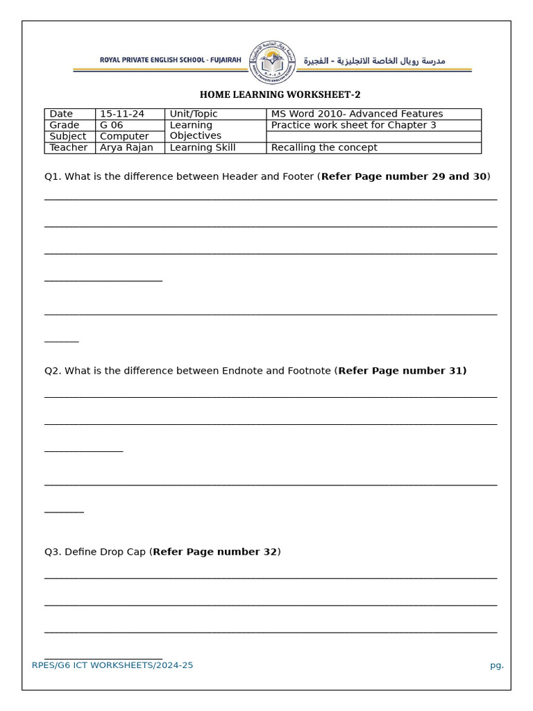 Chapter3_Grade6_Home Learning WORKSHEET | PDF