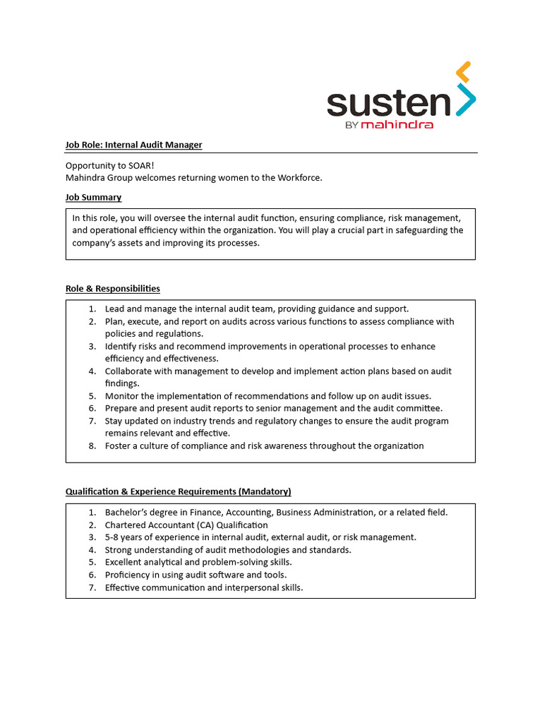 JD - Internal Audit Manager | PDF | Internal Audit | Audit