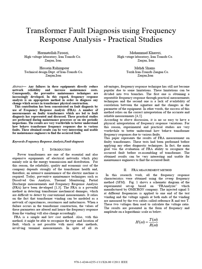 Transformer Fault Diagnosis Using Frequency Response Analysis ...