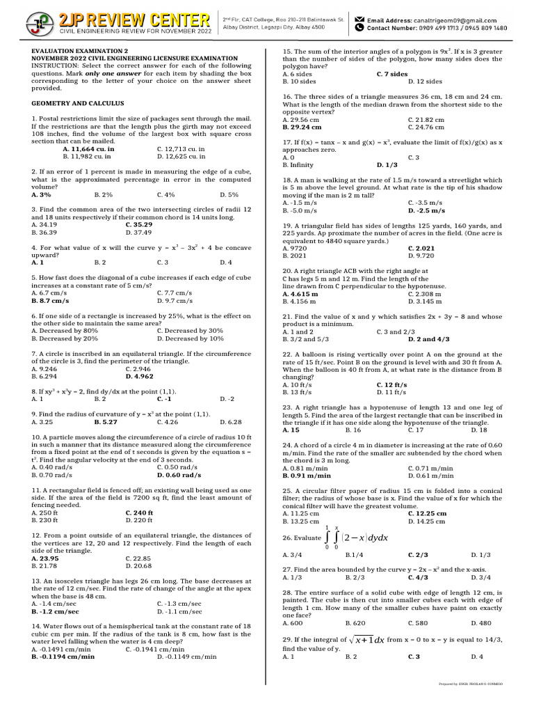 Eval Exam in Ps Geom Calculus | PDF | Area | Circle
