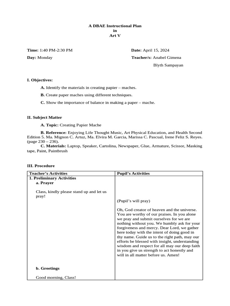 Art Lesson Plan | PDF | Prayer