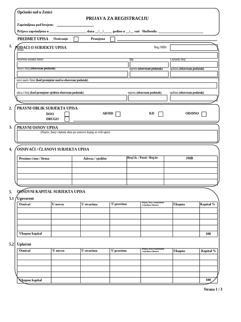 Obrazac Prijave - Registracija Pravnog Lica | PDF