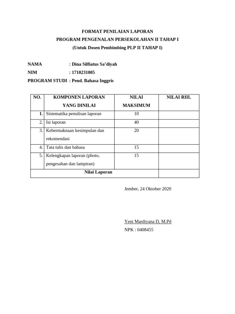 Format Penilaian Laporan | PDF