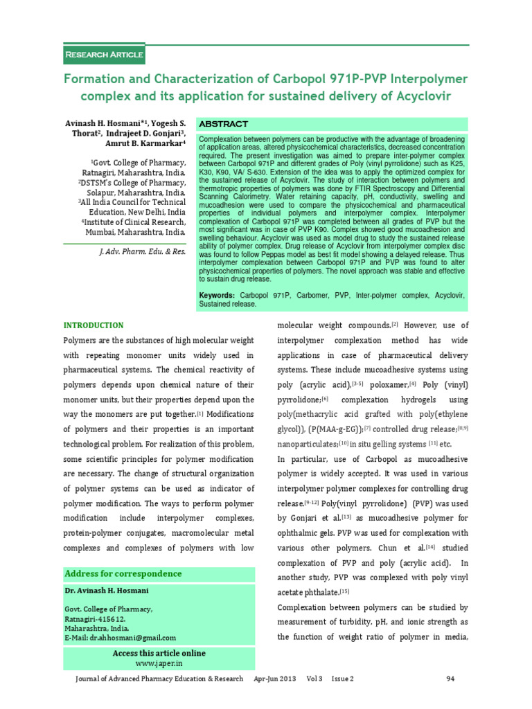 Formation and Characterization of Carbopol 971p PVP Interpolymer ...