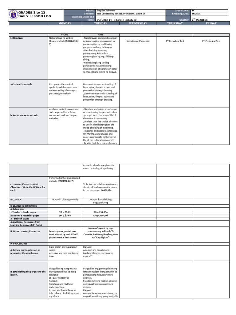 DLL - Mapeh 4 Q2 | PDF