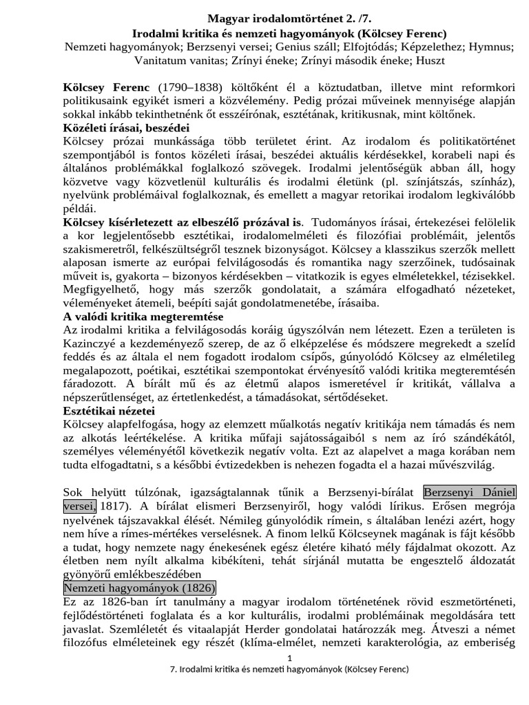 Irodalmi Kritika És Nemzeti Hagyományok (Kölcsey Ferenc) | PDF