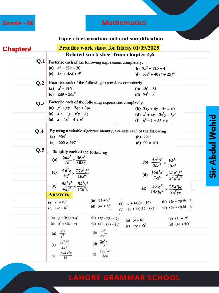 Factorization and Simplification Practice Worksheet - 1 | PDF
