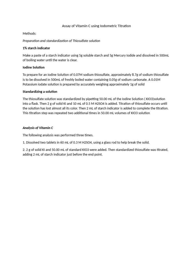 Assay of Vitamin C Using Iodometric Titration | PDF