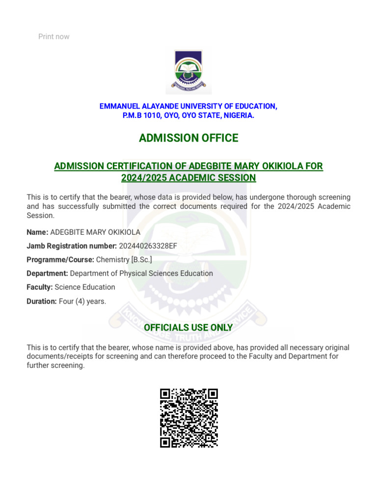 ADEGBITE MARY OKIKIOLA Admission Certification - Emmanuel Alayande ...