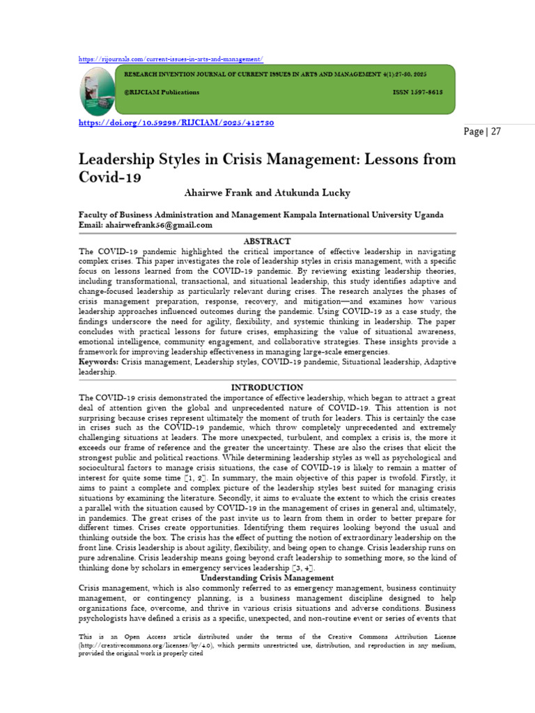 Leadership Styles in Crisis Management: Lessons from Covid-19 (www.kiu ...
