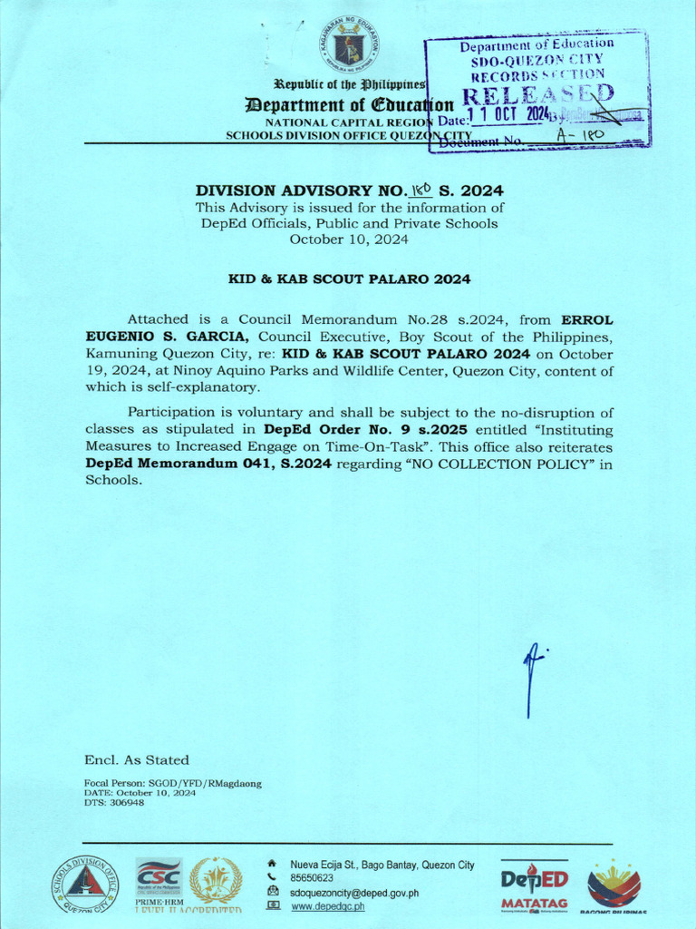 Division Advisory No. 180 S. 2024 Kid Kab Scout Palaro 2024 | PDF