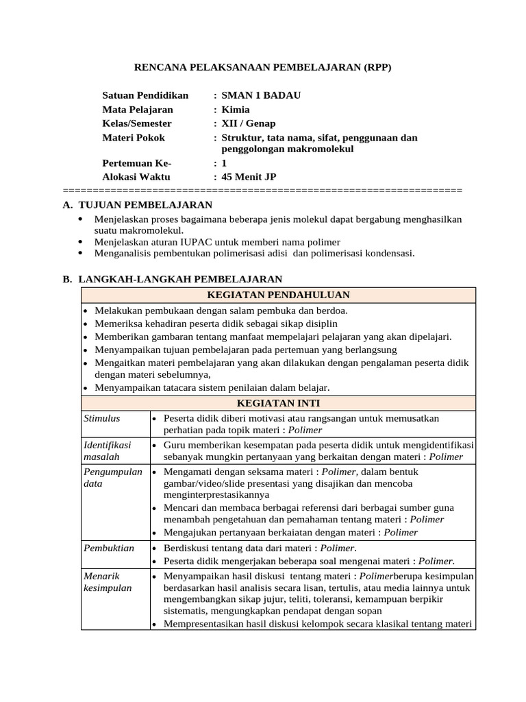 RPP 6 - Struktur, tata nama, sifat, penggunaan dan penggolongan makromolekul | PDF