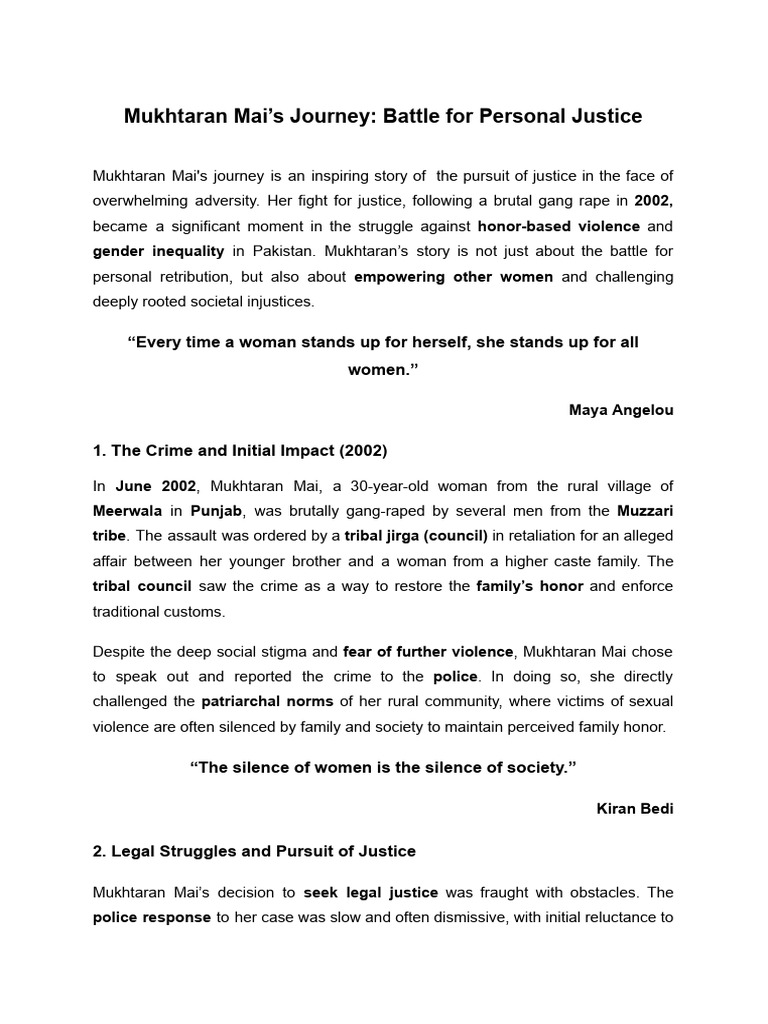 Mukhtaran Mai's Journey - Battle For Personal Justice | PDF | Gender ...
