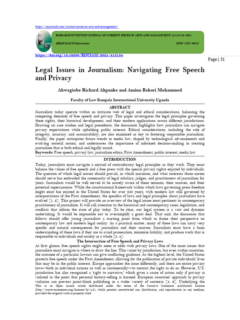 Legal Issues in Journalism: Navigating Free Speech and Privacy (WWW ...