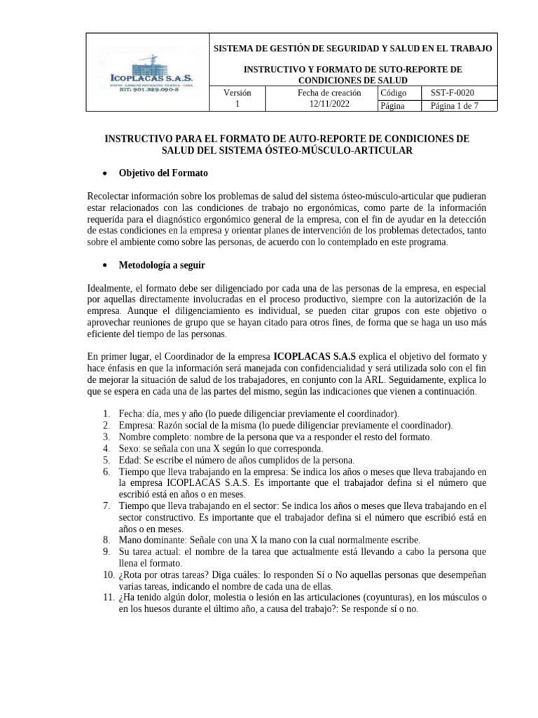 SST-F-0020 Formato Instructivo de Salud | PDF | Business | Mano