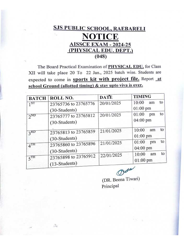 Class 12 Phy. Edu Board Practical Schedule | PDF