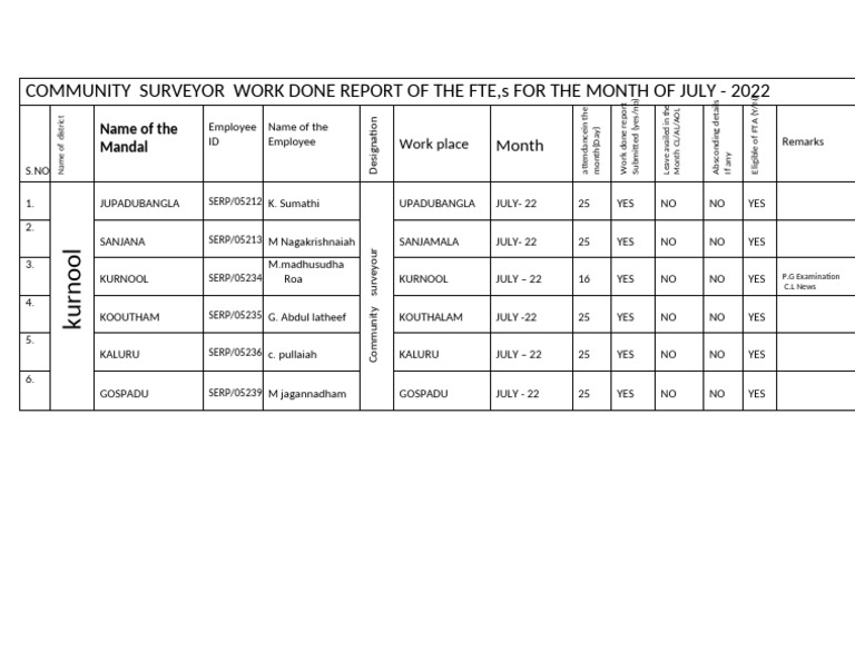 Community Surveyor Work Done Report of The Fte | PDF