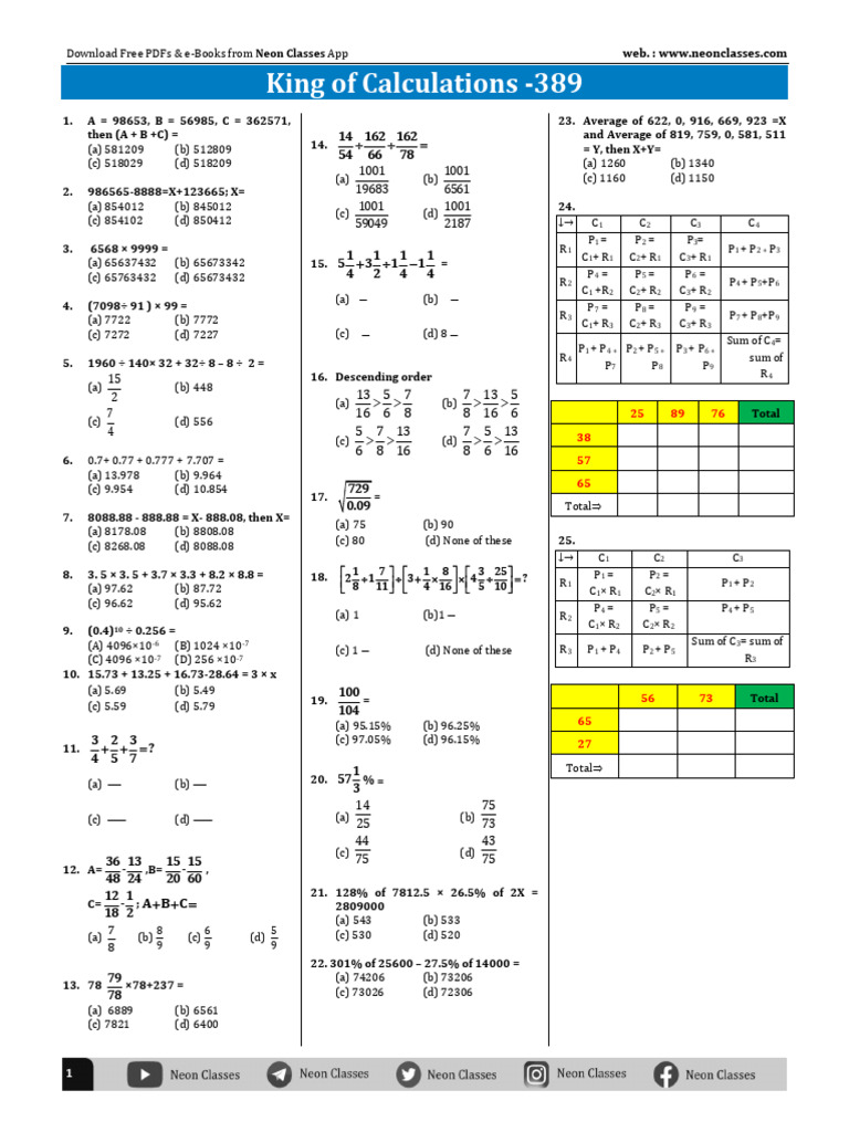 King of Calculations Sheet - 389 | PDF