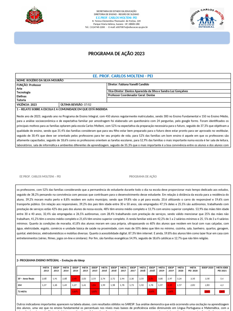Programa de ação_2023 PEI | PDF | Pedagogia | Aprendizado