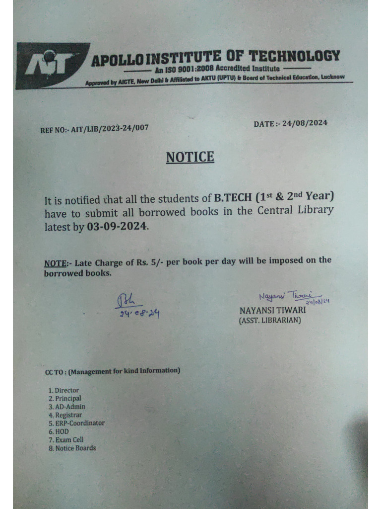 Library Notice For B.Tech 1st & 2nd Year Students | PDF