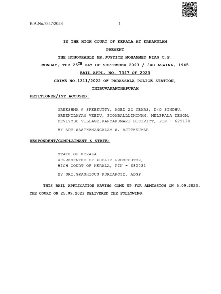 Greeshma V State of Kerala | PDF | Bail | Prosecutor