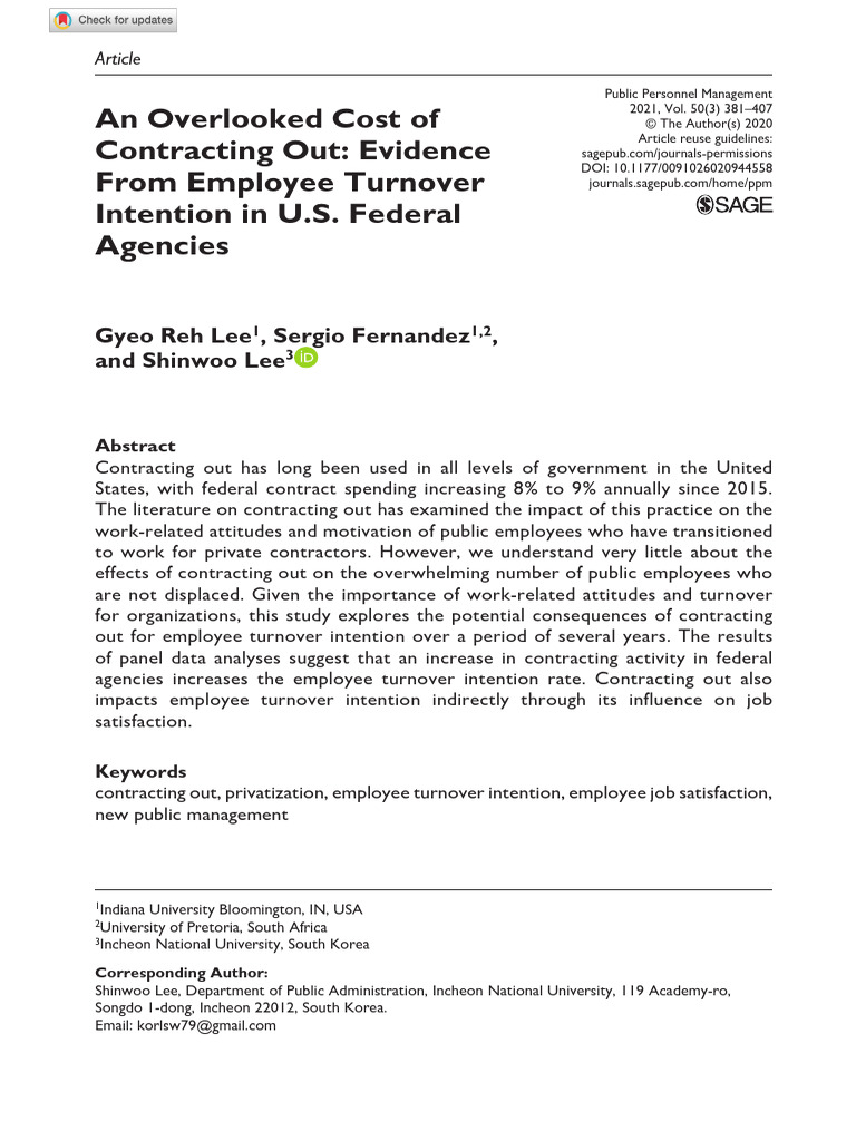 Lee Et Al 2020 An Overlooked Cost of Contracting Out Evidence From ...