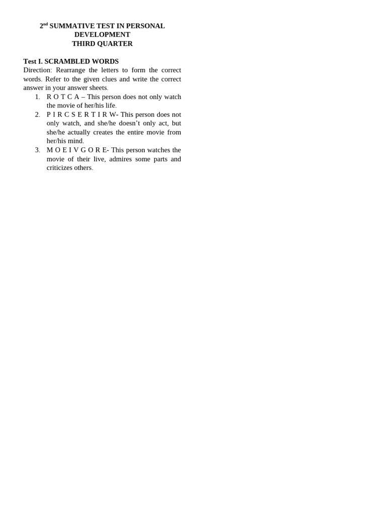 1st SUMMATIVE TEST IN PERSONAL DEVELOPMENT | PDF | Self | Knowledge