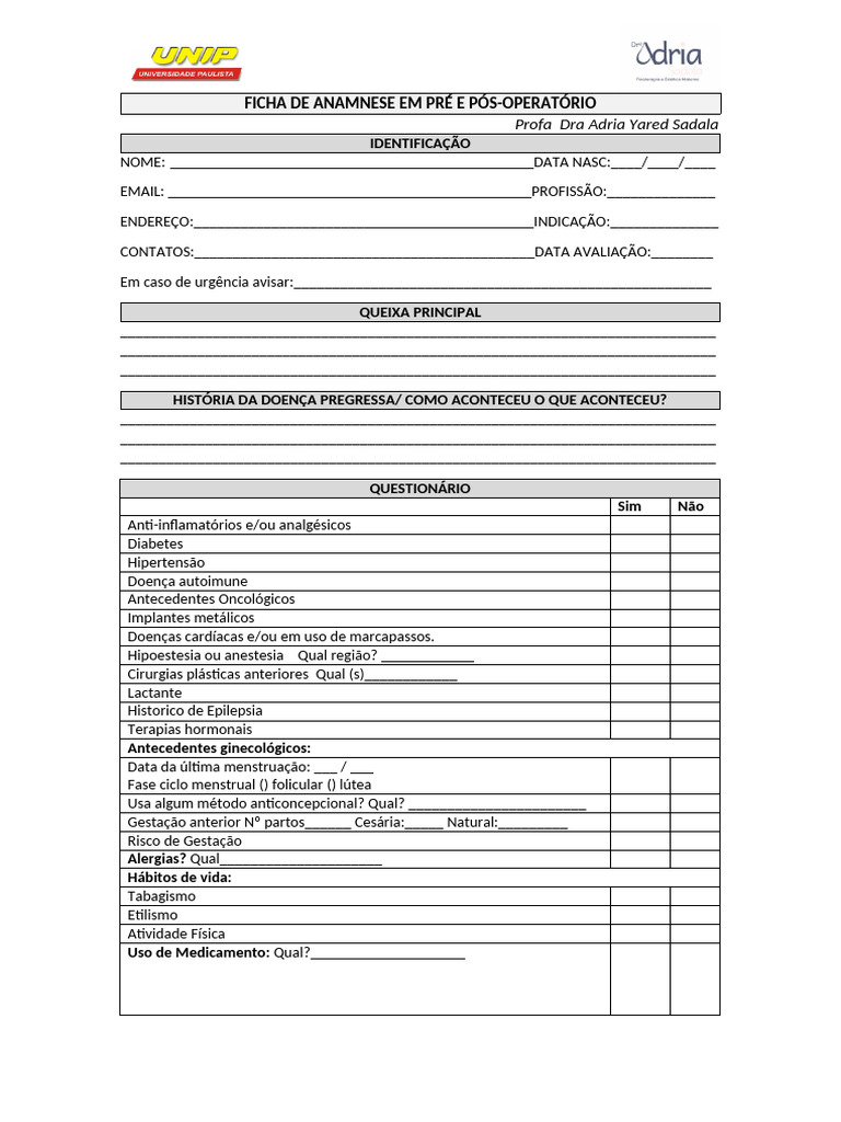 Ficha de Anamnese Pré e Pós-Operatório | PDF | Gravidez | Especialidades médicas