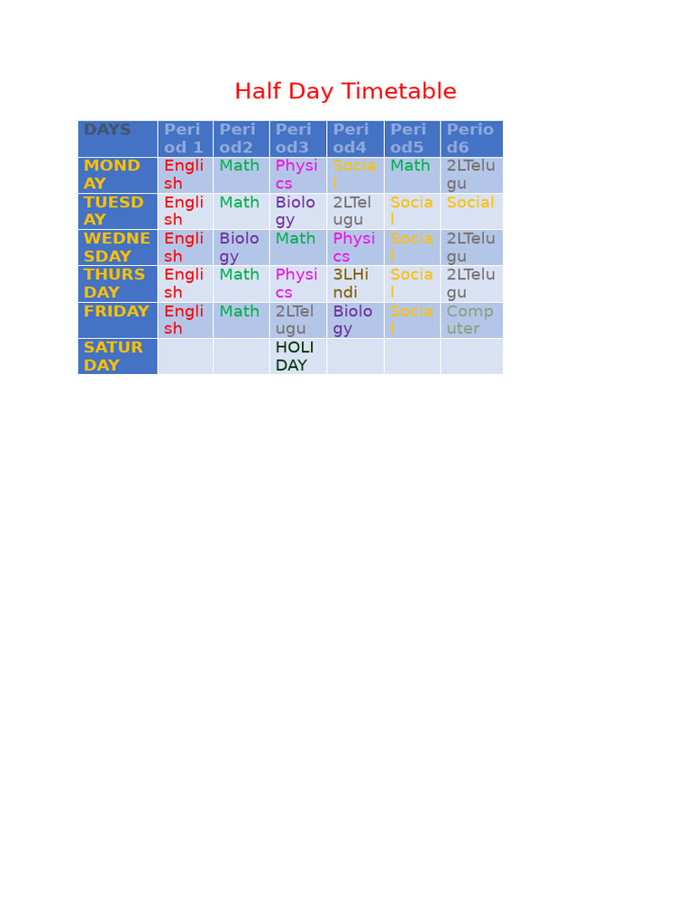 Half Day School Timetable Overview | PDF