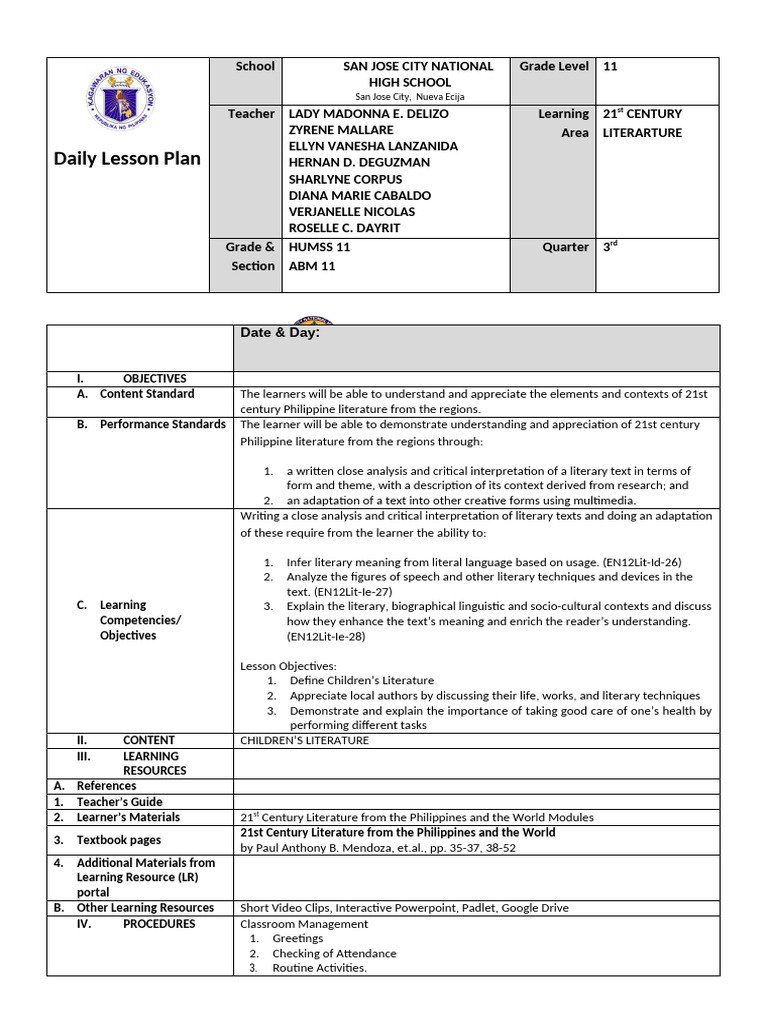 21st Century Literature Lesson Plan | PDF | Learning | Literacy