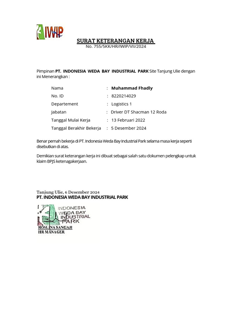 Surat Keterangan Kerja PT IWIP | PDF