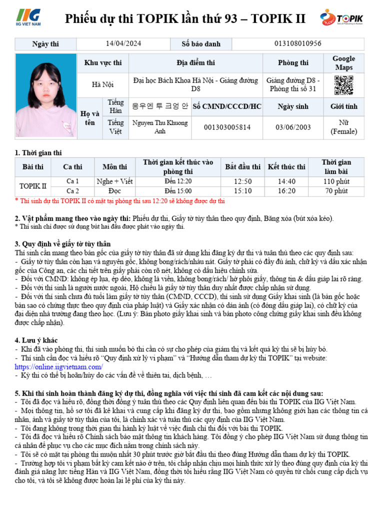 Phiếu dự thi TOPIK lần thứ 93 - TOPIK II: Nguyen Thu Khuong Anh | PDF
