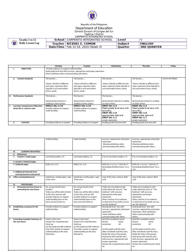 Grade 5 Daily Reading Log | PDF | Reading Comprehension | Insects