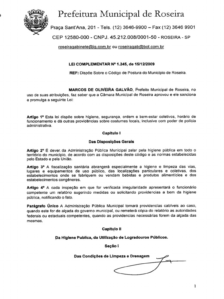 Código de Postura (Lei Complementar N°1.245, de 15.12.2009) | PDF