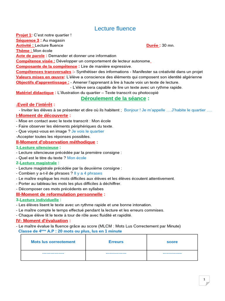 Lecture fluence 4 ème A.P Au magasin | PDF