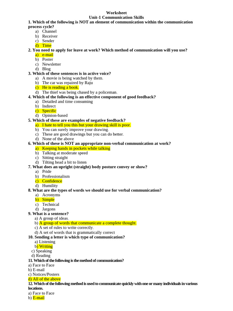 Worksheet Answer Keys Chapter-1 Communication Skills | PDF ...