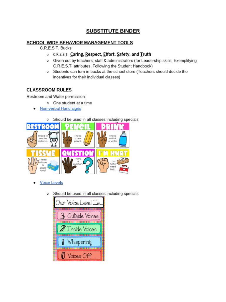 SUBSTITUTE BINDER - School and Classroom Management Procedures | PDF