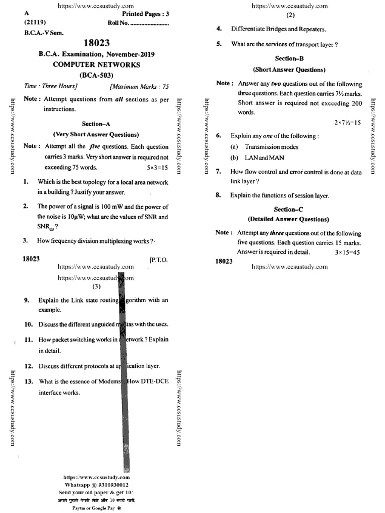 Bca 5 Sem Computer Networks 18023 Nov 2019 | PDF
