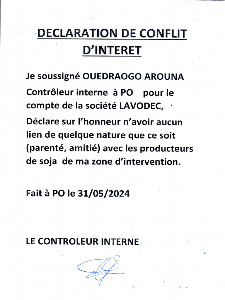 DECLARATION Conflit D'interet Arouna | PDF