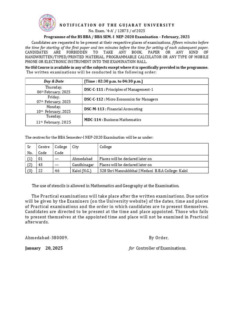 BS BBA - BBA Sem-I (NEP-2020) Dt. 06-02-2025 | PDF
