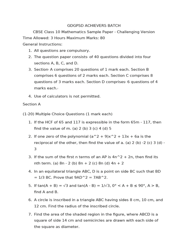 CBSE Class 10 Math Sample Paper | PDF | Triangle | Circle