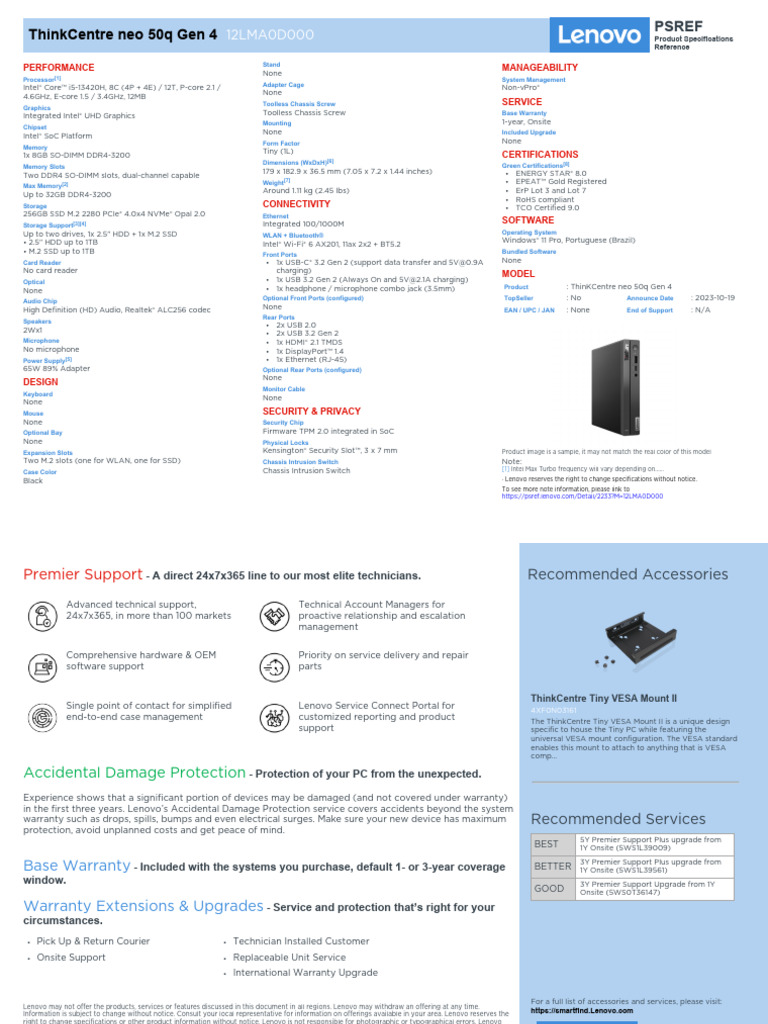 ThinkCentre Neo 50q Gen 4 12LMA0D000 | PDF | Usb | Computer Science