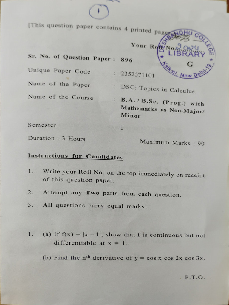 Calculus Question Paper for B.A. B.Sc. | PDF | Mathematical Analysis ...