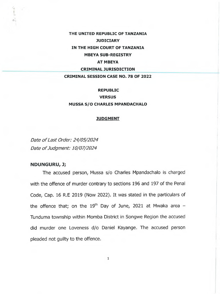 Republic Vs Mussa Charles Mpandachalo 2024 TZHC 6503 (10 July 2024) | PDF | Burden Of Proof (Law ...