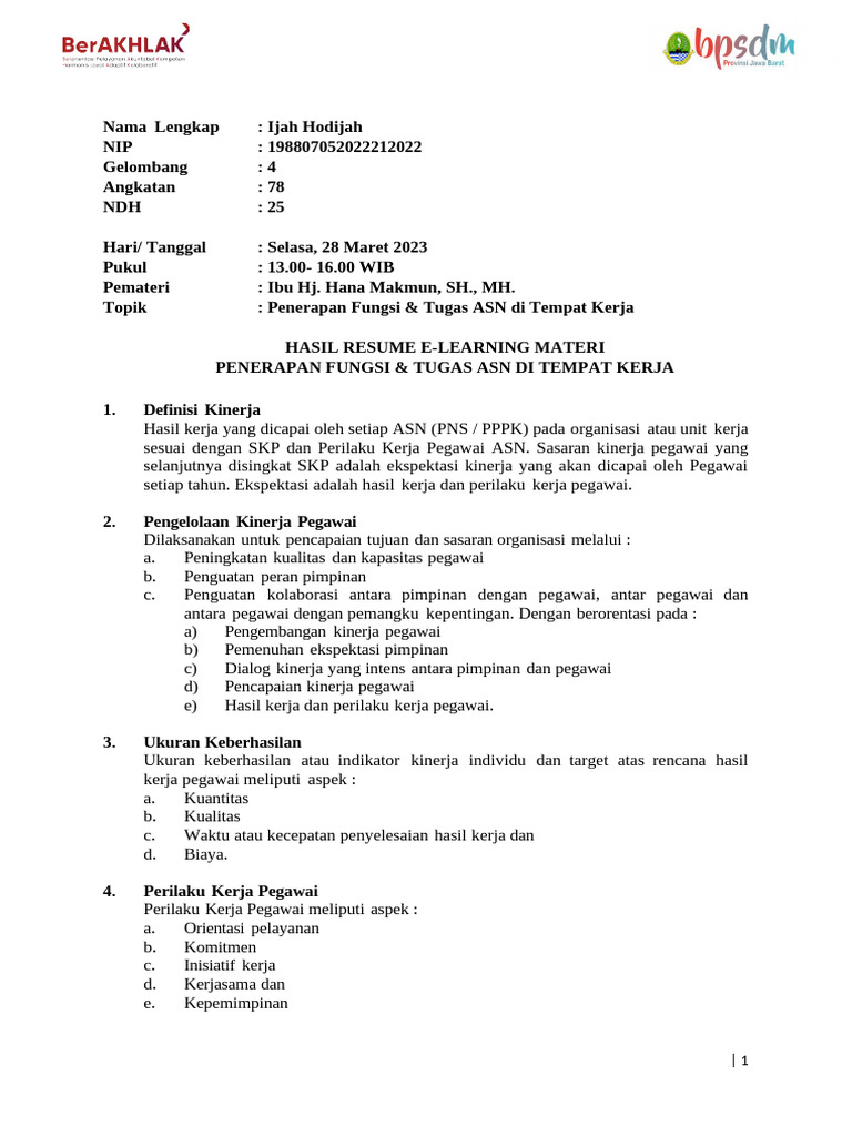 Materi 4 Resume Penerapan Fungsi & Tugas ASN Di Tempat Kerja | PDF