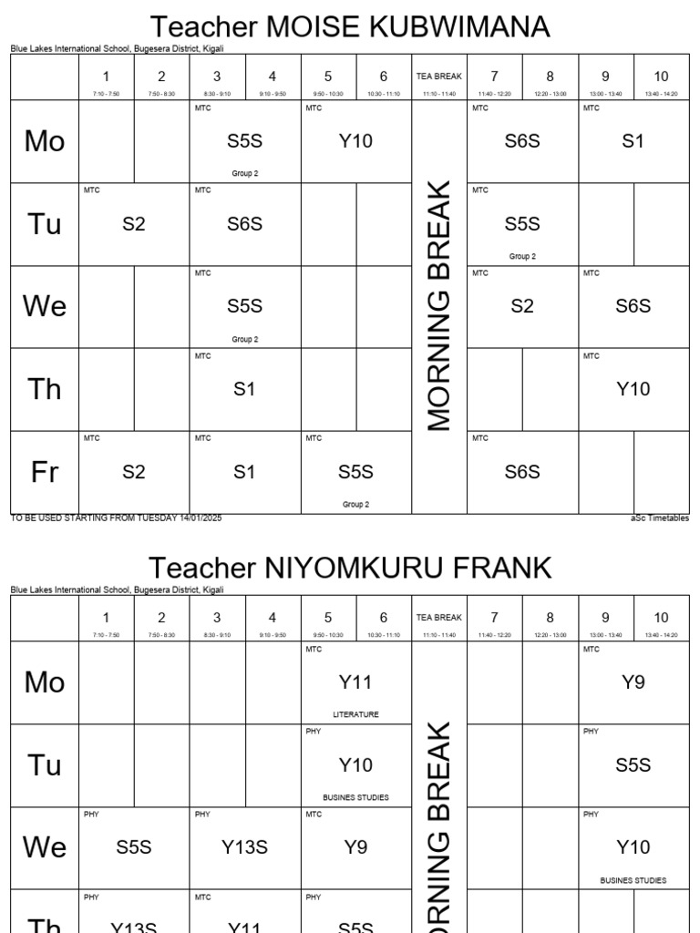 Teachers' Timetable Term Ii 14-01-2025 | PDF