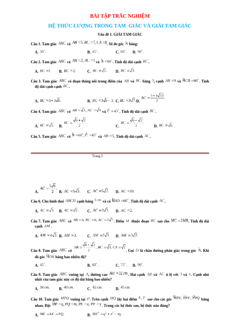 60 Cau Trac Nghiem He Thuc Luong Trong Tam Giac Va Giai Tam Giac | PDF