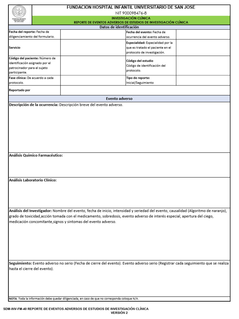 Sdm-Inv-Fm-40 Reporte de Eventos Adversos de Estudios de Investigación ...