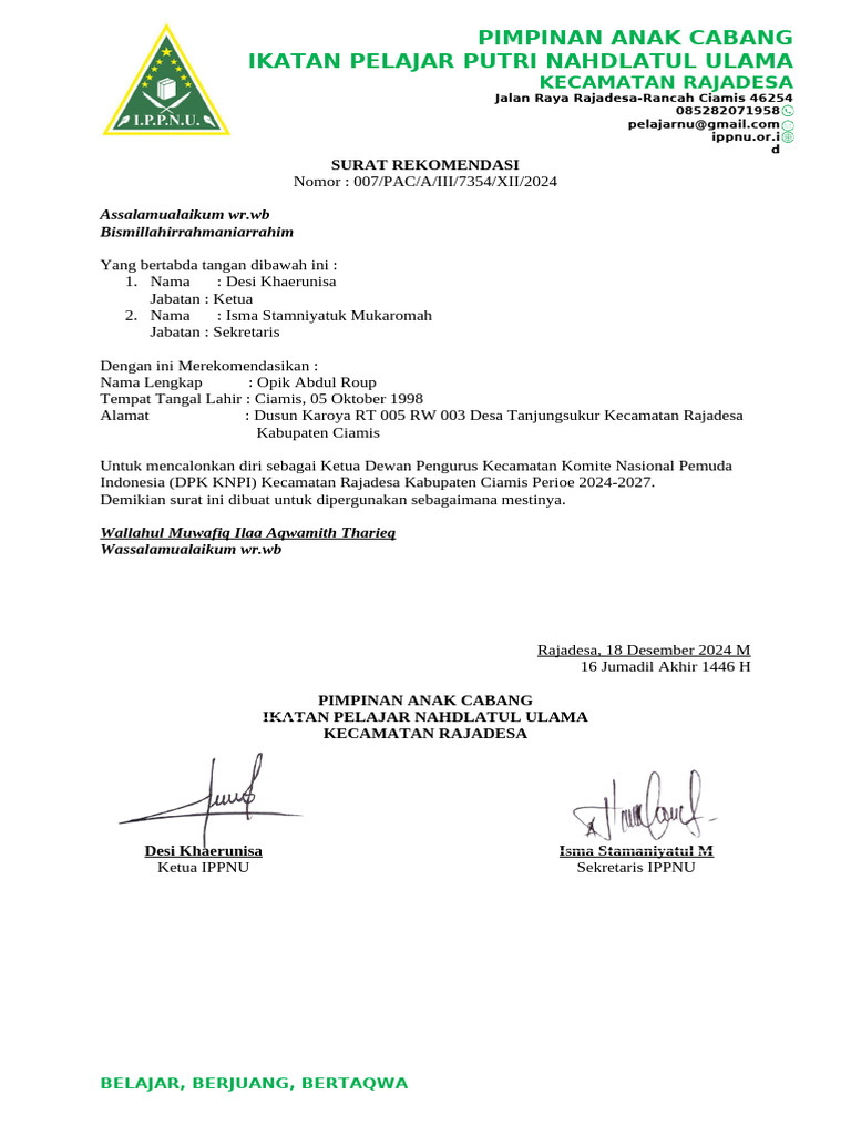 Surat Rekomendasi Ippnu Untuk Calon Ketua Knpi | PDF