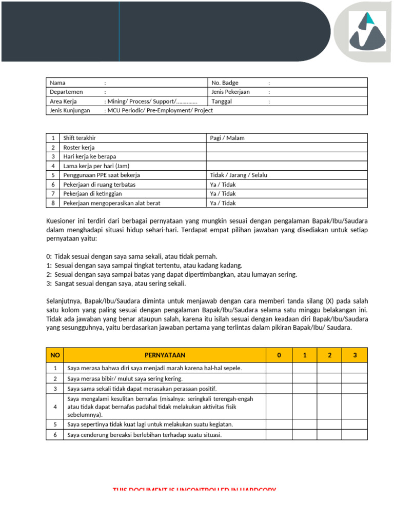 CDC-HRD-000-F202 Kuesioner Depression Anxiety Stress Scale (DASS) Ind | PDF